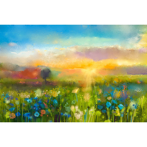 Ebern Designs Sunset Meadow Landscape With Wildflower On Canvas by Nongkran_Ch Painting | Wayfair
